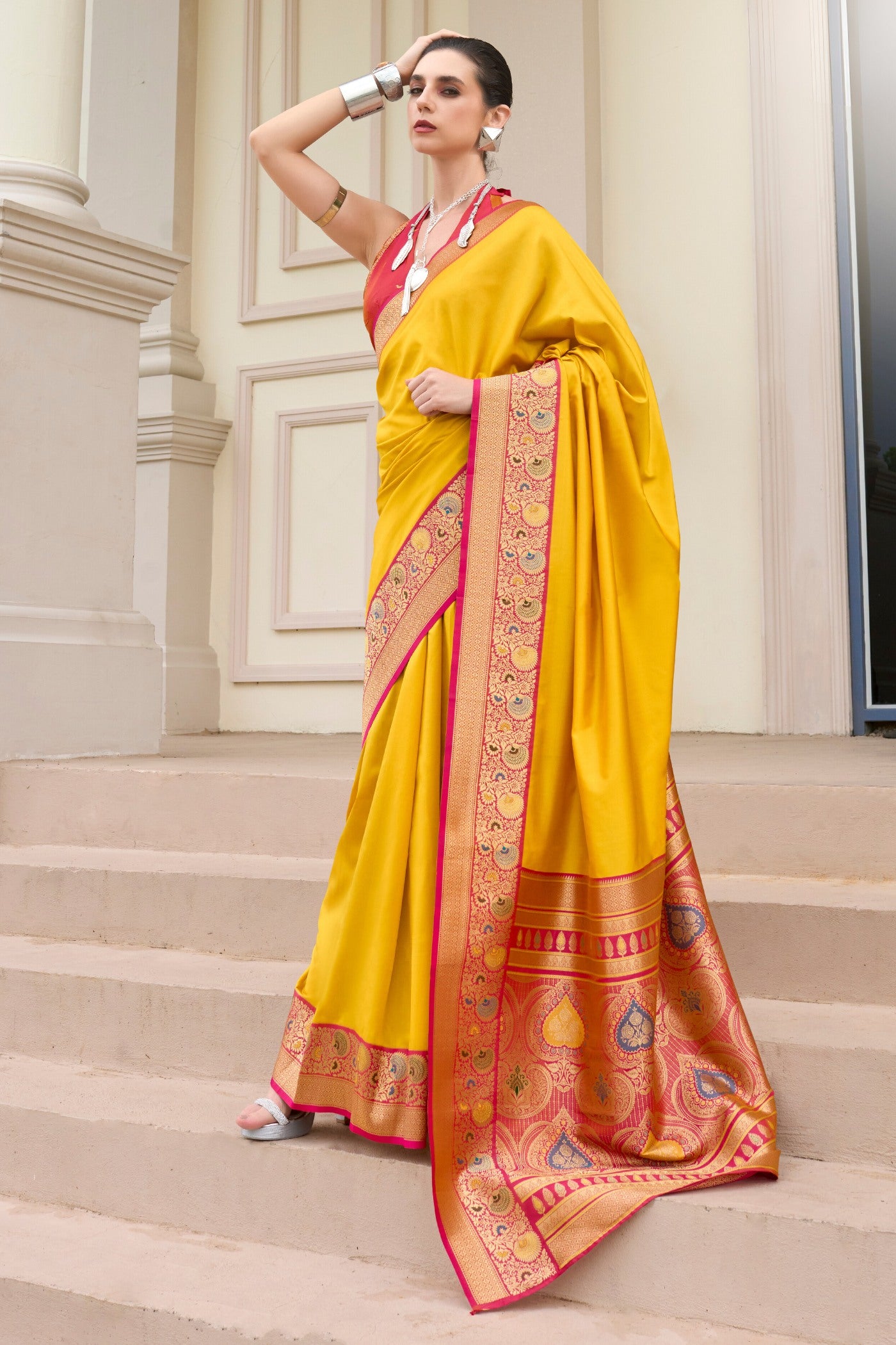 Buy Mango Yellow Woven Banarasi Soft Silk Saree Online - MySilkLove