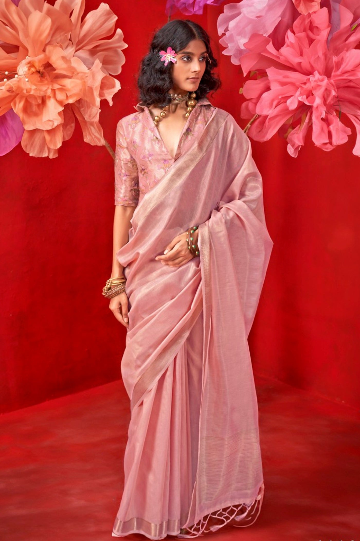 Buy Shilo Pink Tissue Handloom Saree Online - MySilkLove