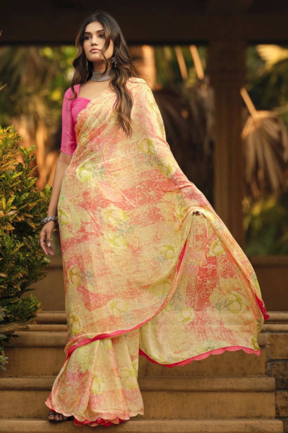 Buy Corvette Yellow and Pink Barasso Printed Saree Online - MySilkLove