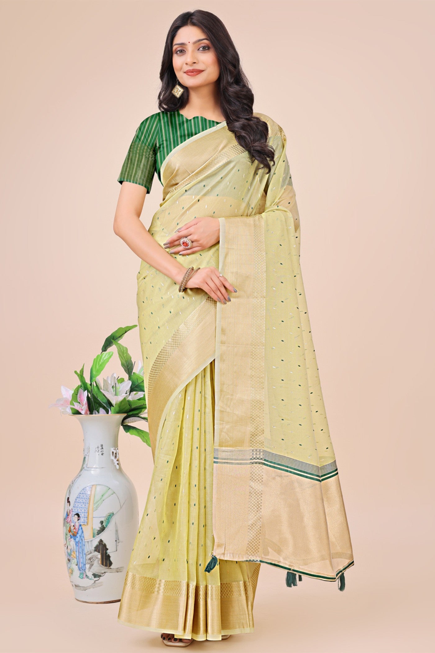 Buy Biscotti Yellow Woven Organza Saree Online - MySilkLove