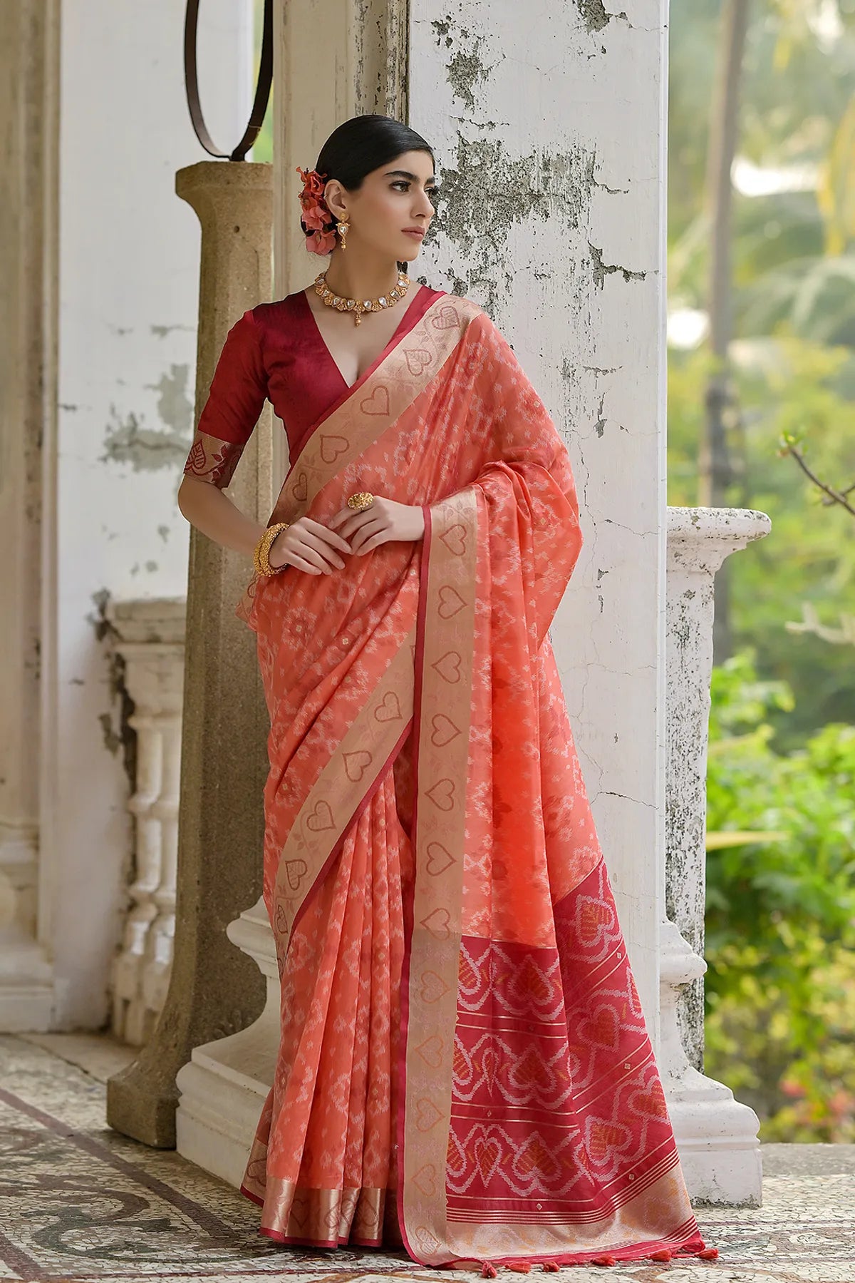 Buy Terra Cotta Orange Woven Raw Silk Saree Online - MySilkLove