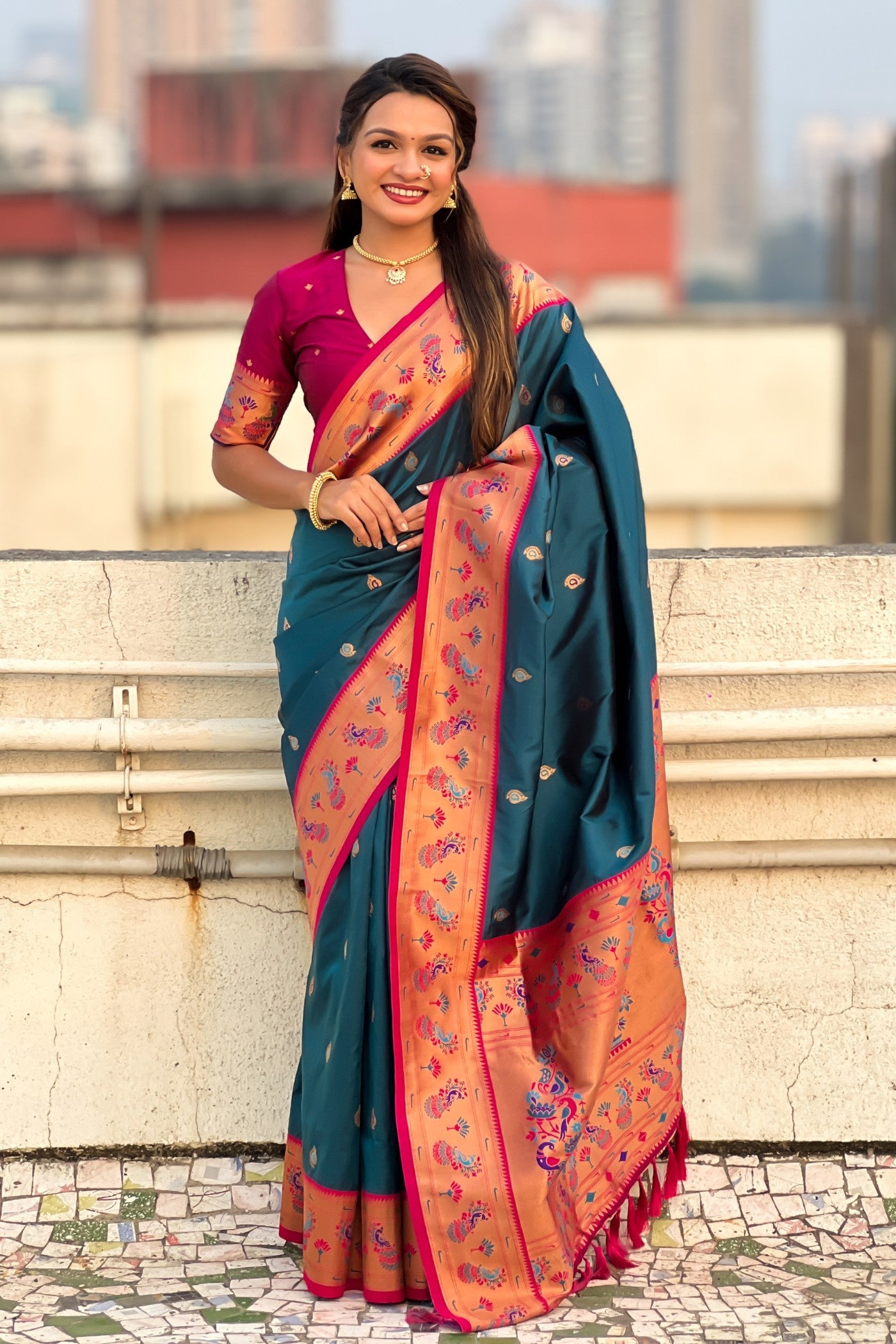 Buy Teal Blue Woven Lotus Paithani Saree Online - MySilkLove