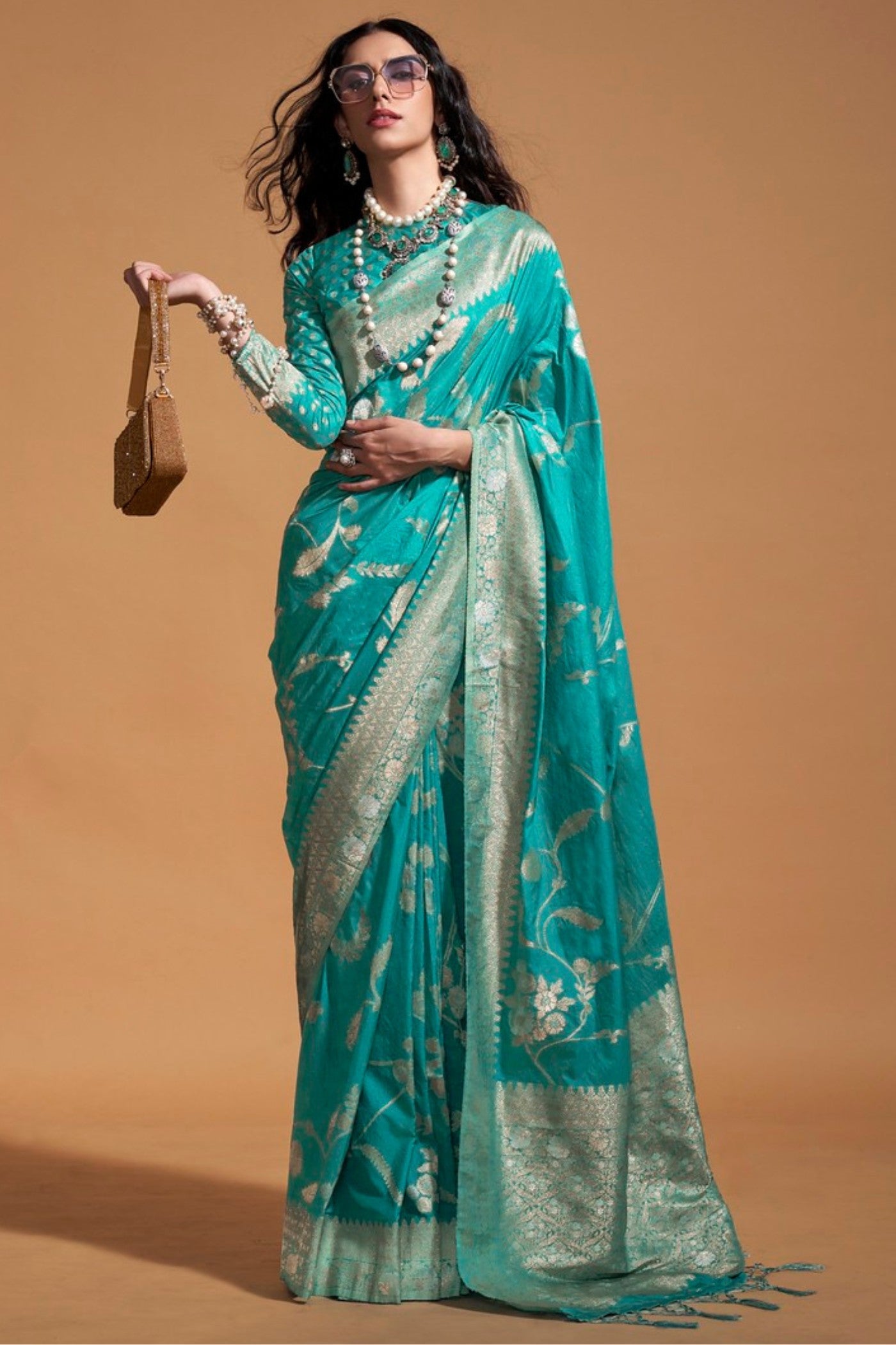 Buy Keppel Blue Georgette Handloom Saree Online - MySilkLove