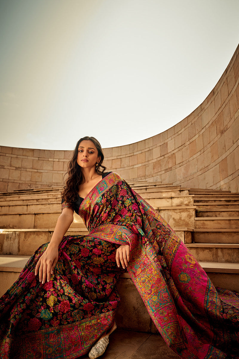 Tuna Black Woven Kashmiri Jamewar Silk Saree – MySilkLove
