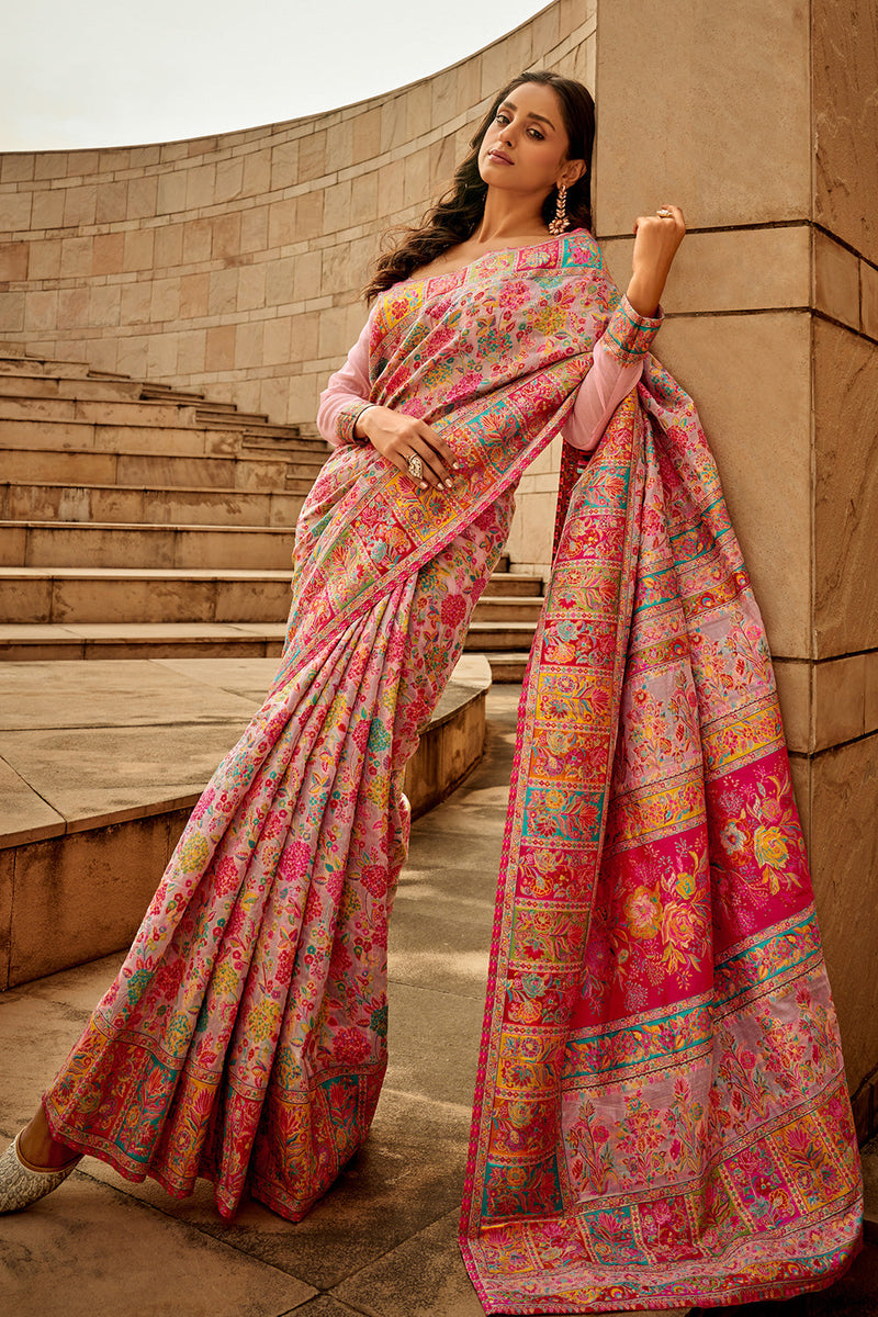Buy Beauty Pink Woven Kashmiri Jamewar Silk Saree Online - MySilkLove