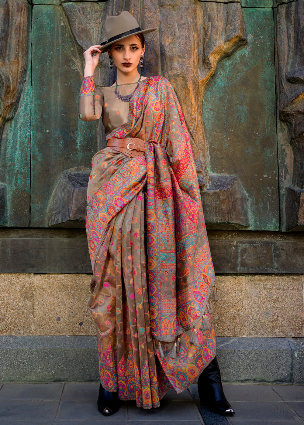 Buy Cumin Brown Jamawar Woven Organza Silk Saree Online - MySilkLove