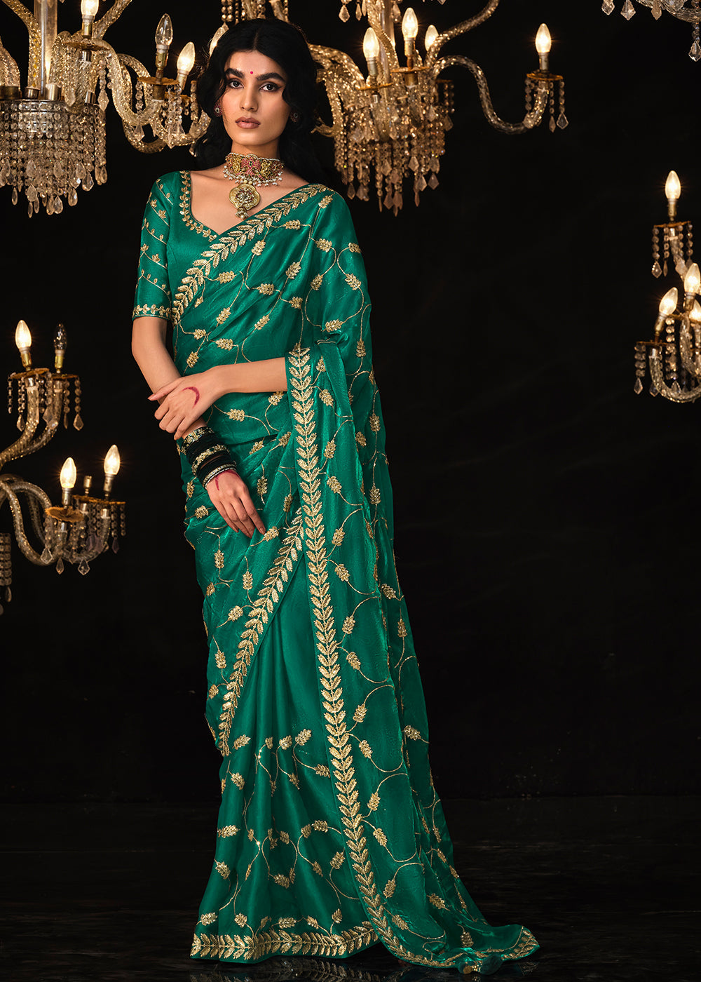 Buy Genoa Green Embroidered Designer Satin Silk Saree Online - MySilkLove