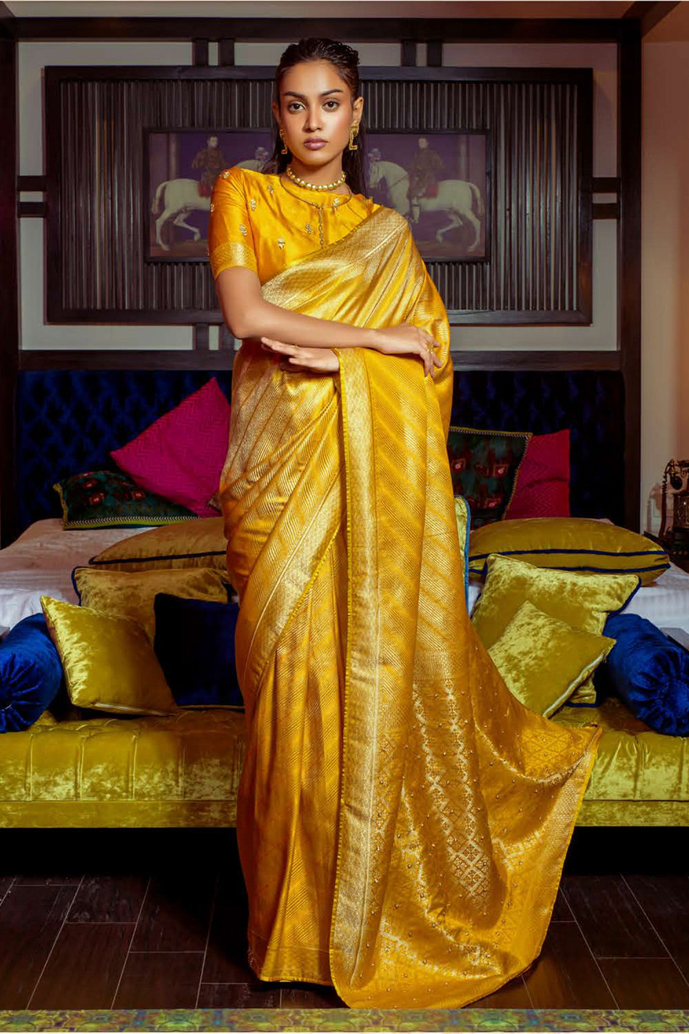 Buy Ronchi Yellow Zari Woven Satin Silk Saree Online - MySilkLove