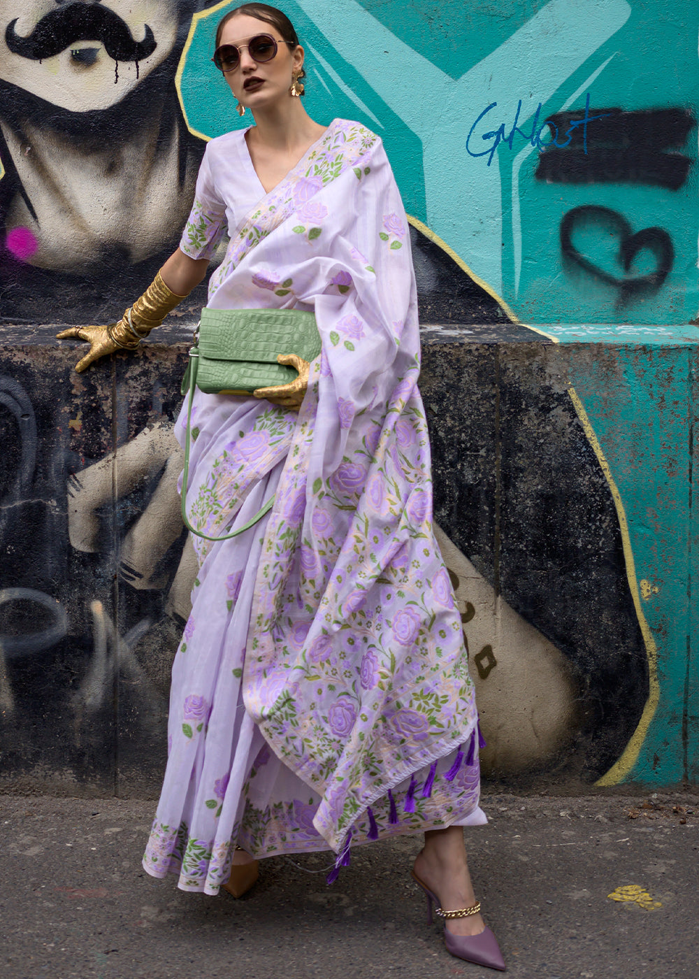 Buy Perfume Lavender Floral Handloom Banarasi Saree Online - MySilkLove