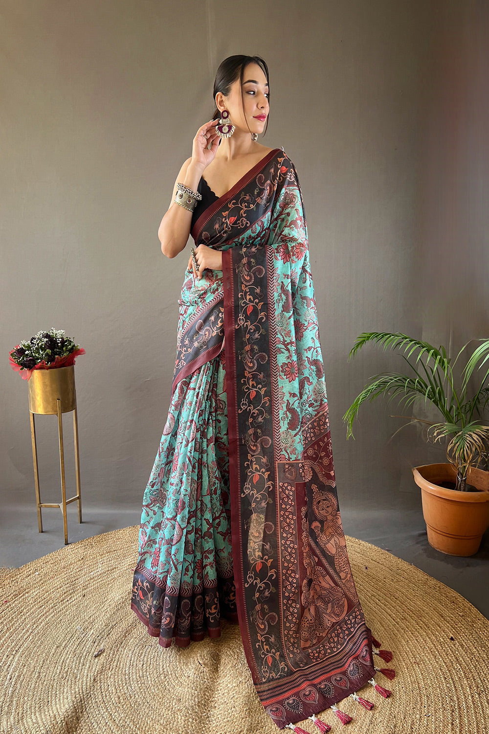 Buy Spray Blue Printed Cotton Kalamkari Saree Online - MySilkLove