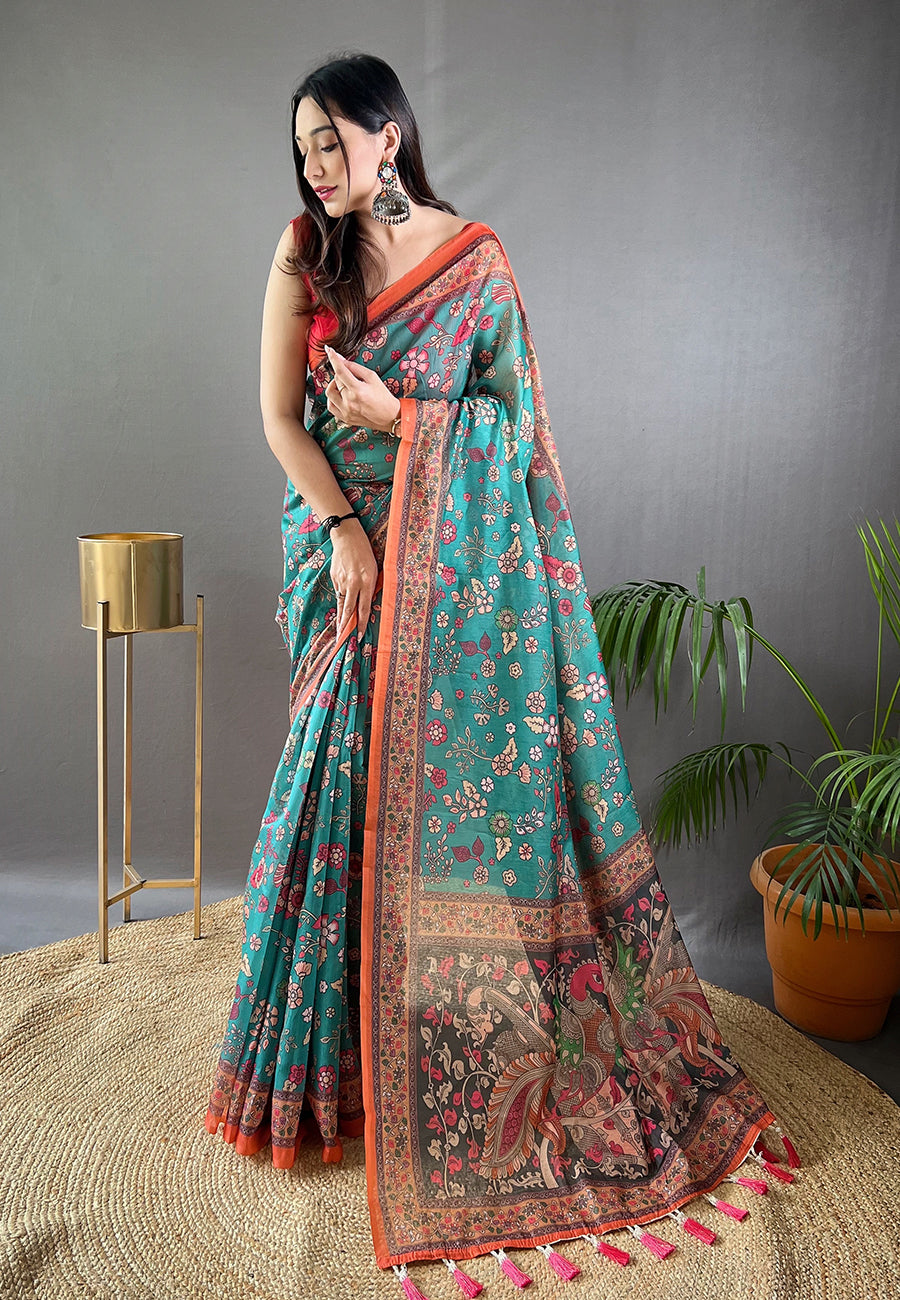 Buy Keppel Blue Cotton Kalamkari Printed Saree Online - MySilkLove