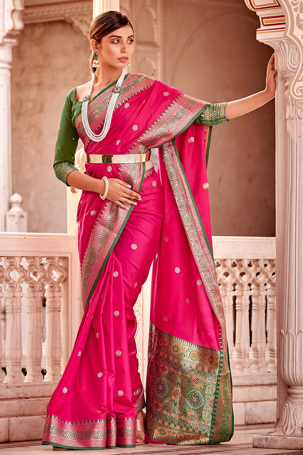 Buy Radical Pink Zari Woven Banarasi Silk Saree Online - MySilkLove