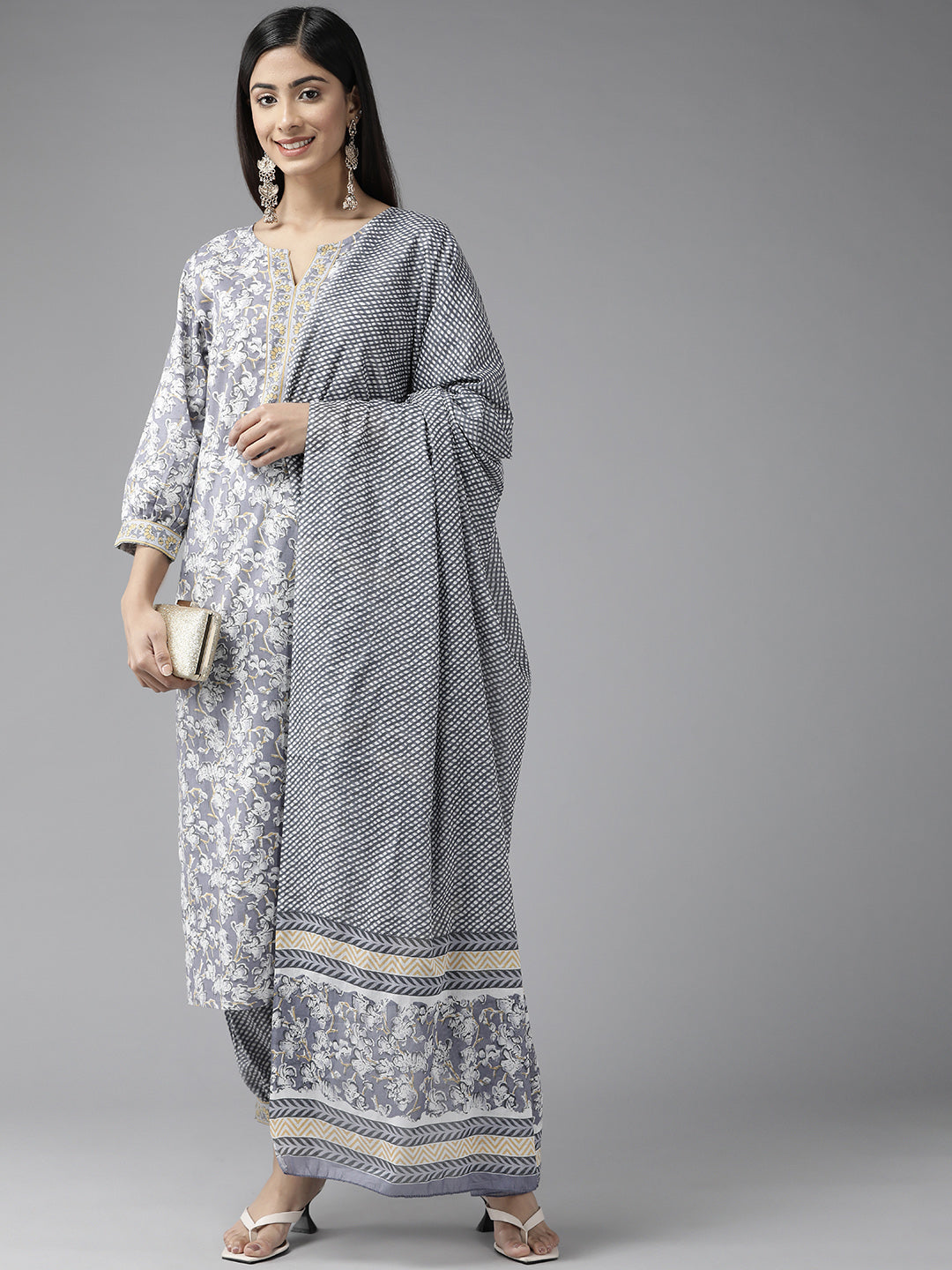 Buy Bombay Grey Pure Cotton Embroidery Suit Set Online - MySilkLove