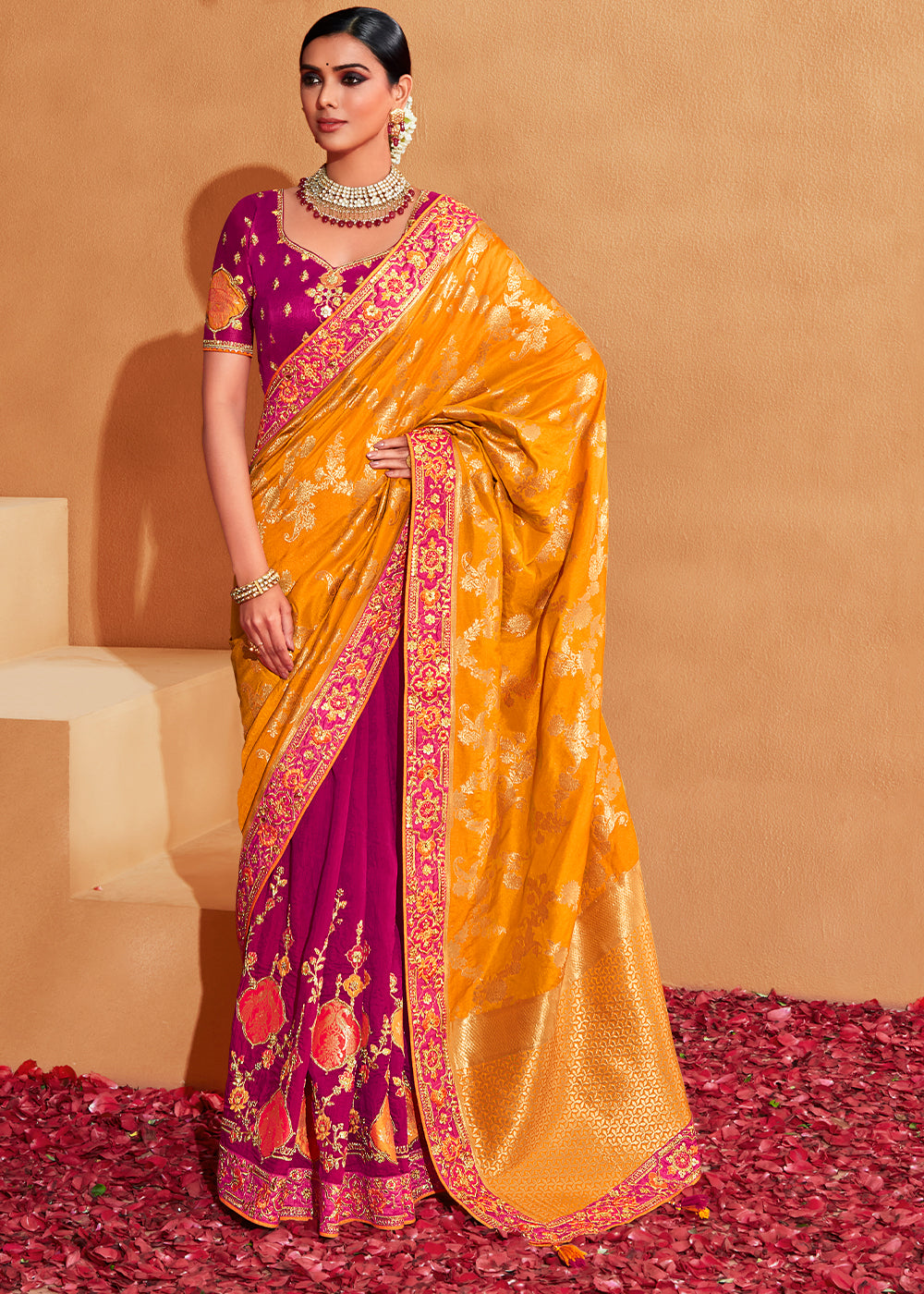 Buy Jazzberry Pink and Yellow Embroidered Banarasi Silk Saree Online ...