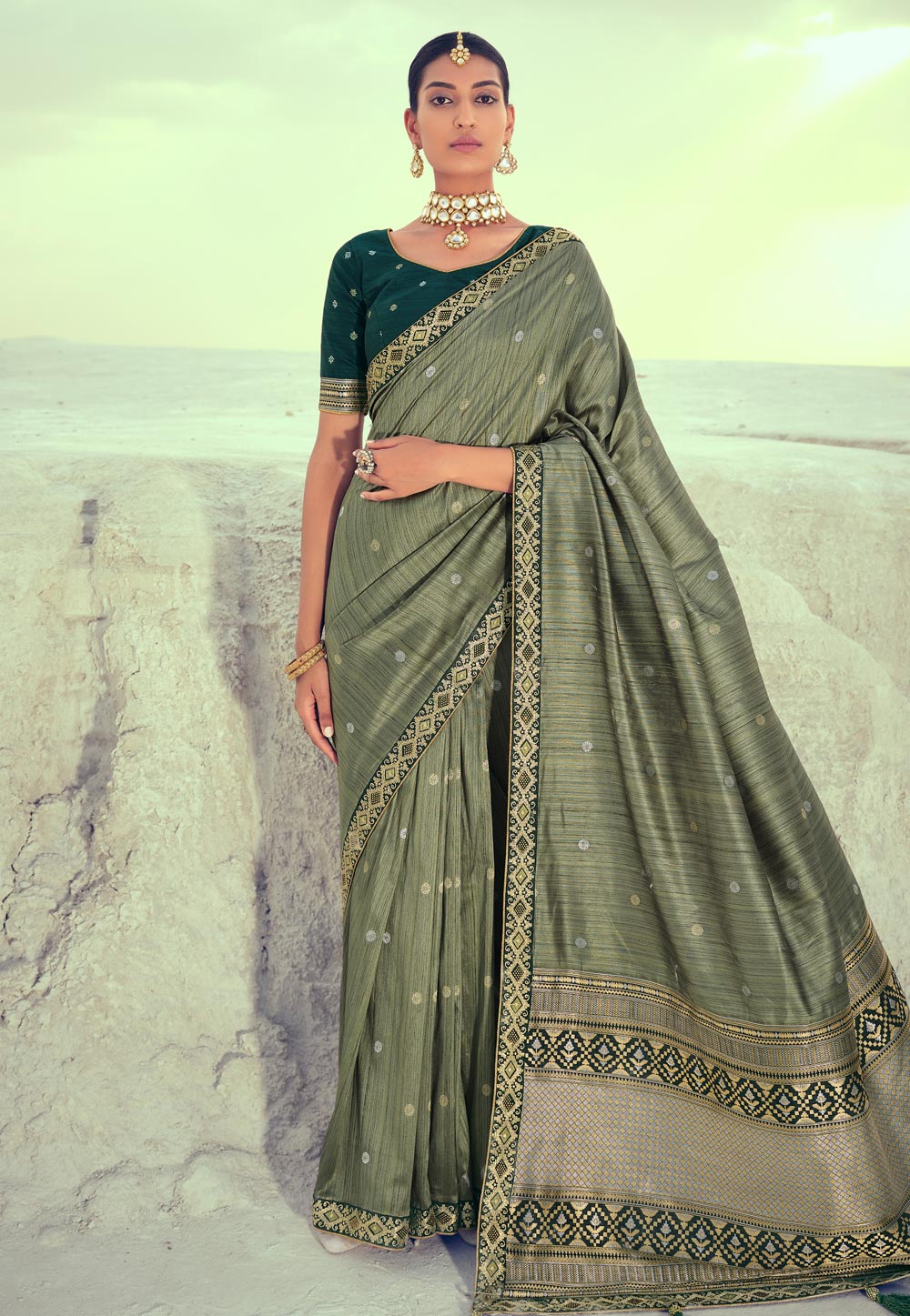 Buy Flax Smoke Green Woven Banarasi Saree Online - MySilkLove