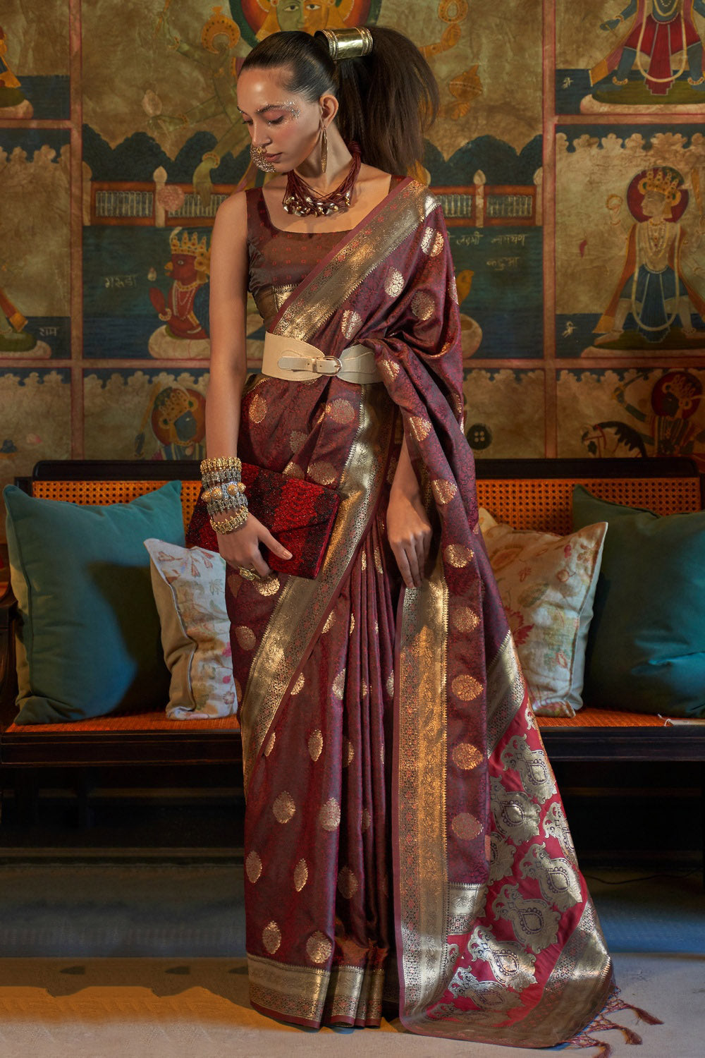 Buy Cedar Brown Satin Handloom Silk Saree Online - MySilkLove