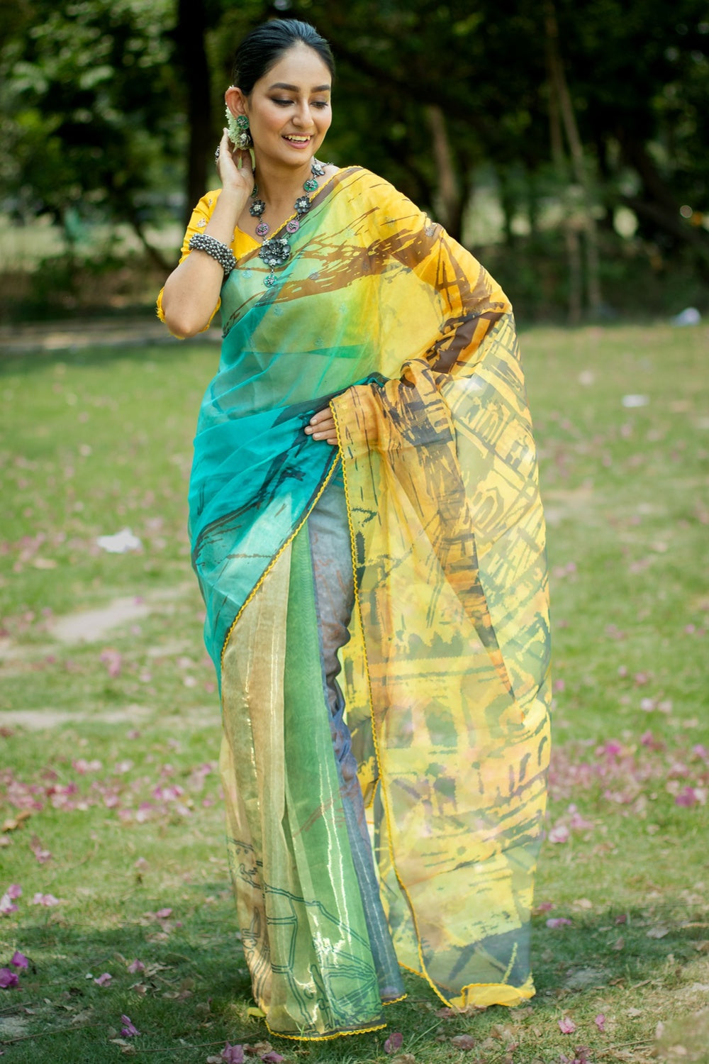 Buy Primrose Yellow and Blue Floral Design Organza Printed Saree Online ...