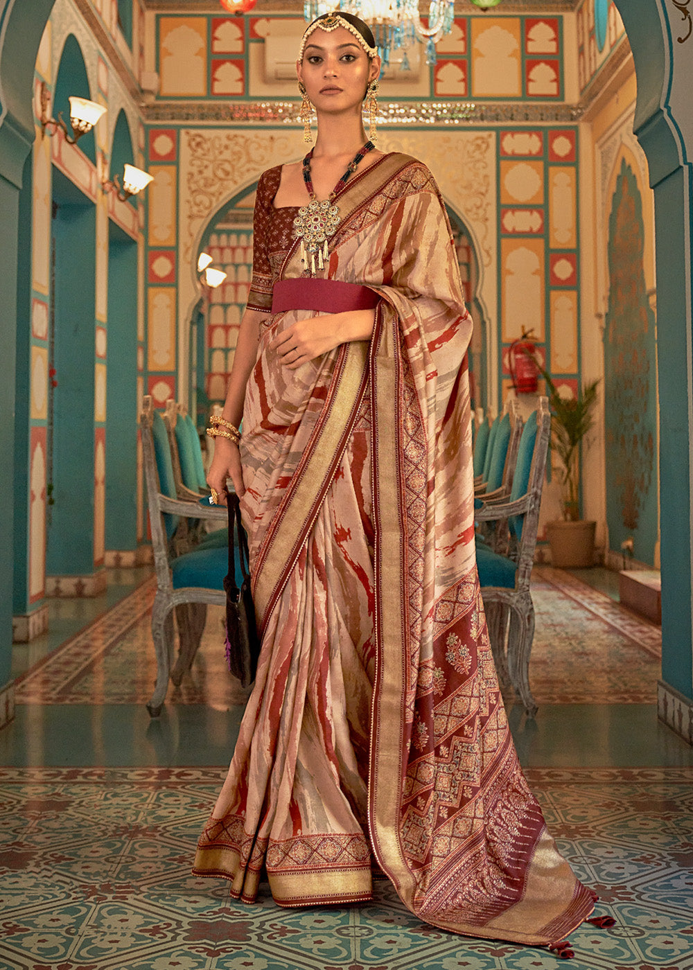 Buy Prairie Maroon Printed Patola Soft Silk Saree Online - MySilkLove