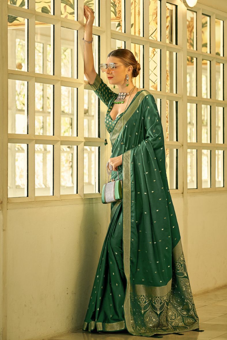 Buy Spring Leaves Green Woven Banarasi Silk Saree Online - MySilkLove
