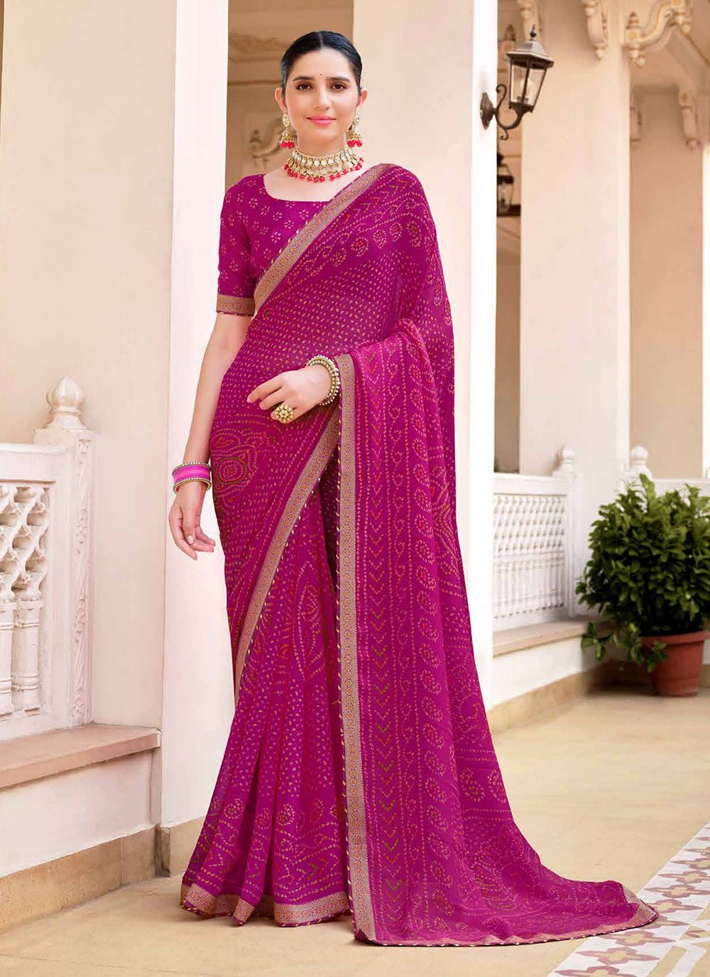 Buy Jazzberry Jam Pink Chiffon Bandhani Saree Online - MySilkLove