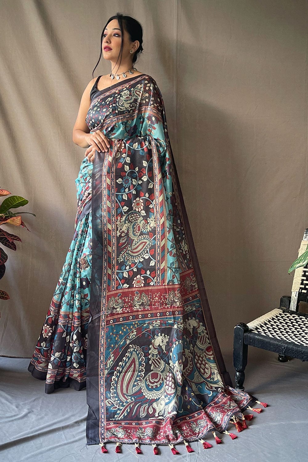 Buy Gothic Blue and Black Kalamkari Printed Saree Online - MySilkLove