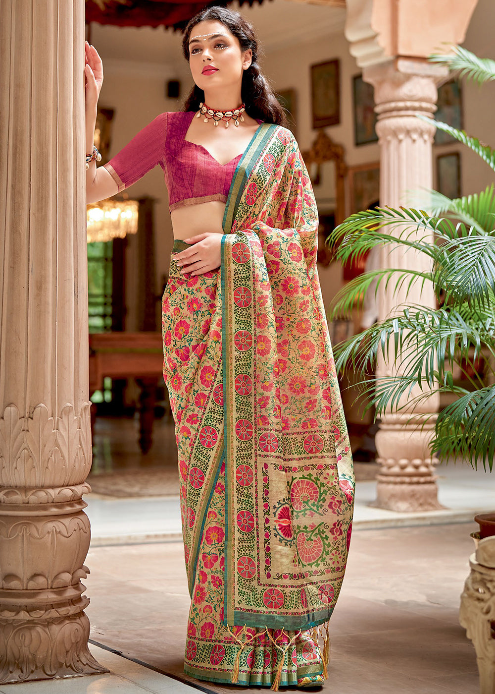 Buy Amaranth Pink Banarasi Printed Silk Saree Online - MySilkLove