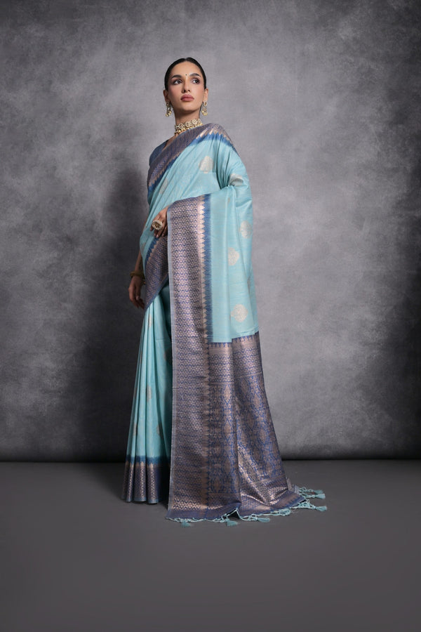 Buy Sinbad Blue Tussar Temple Border Silk Saree Online - MySilkLove