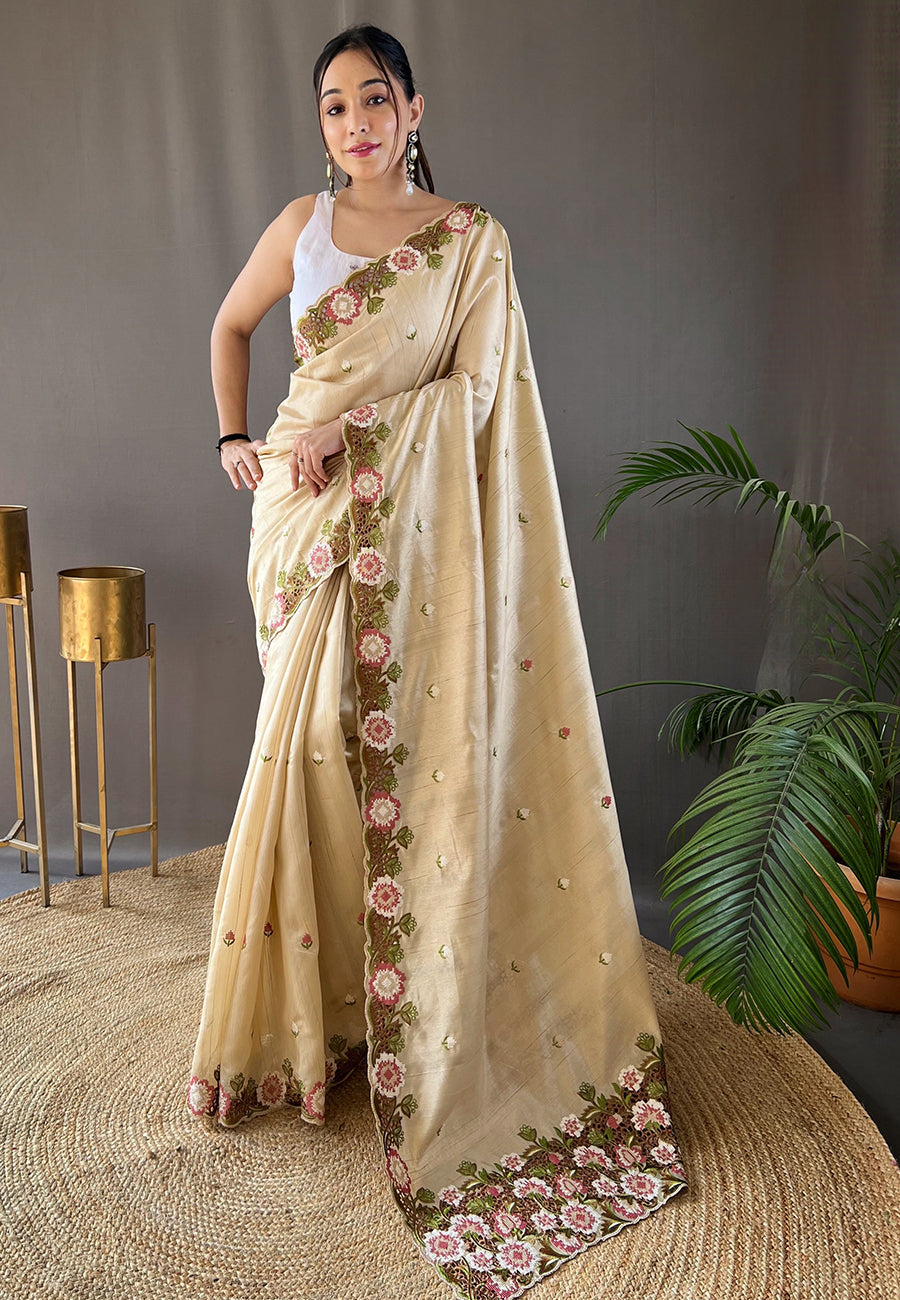 Buy Spanish Craem Embroidered Tussar Silk Saree Online - MySilkLove