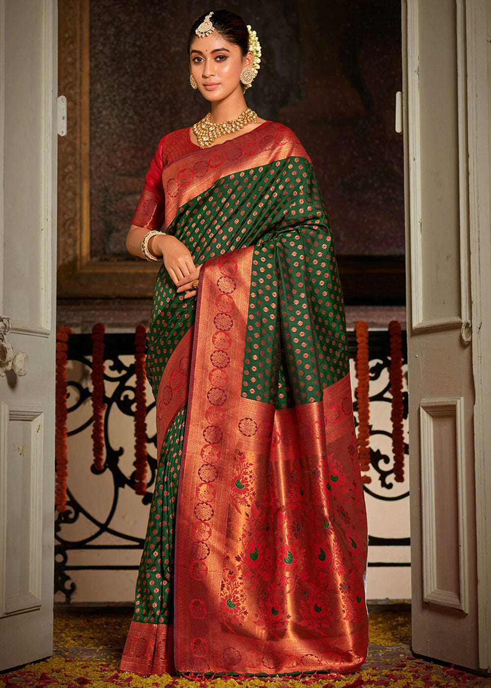 Buy Woodland Green and Red Woven Banarasi Silk Saree Online - MySilkLove