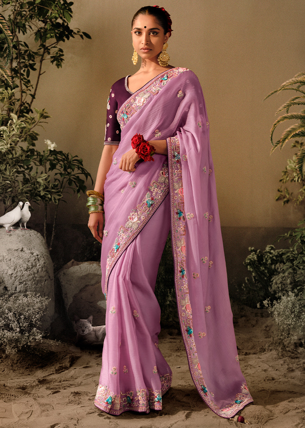 Buy Puce Pink Embroidery Designer Banarasi Dola Silk Saree Online ...