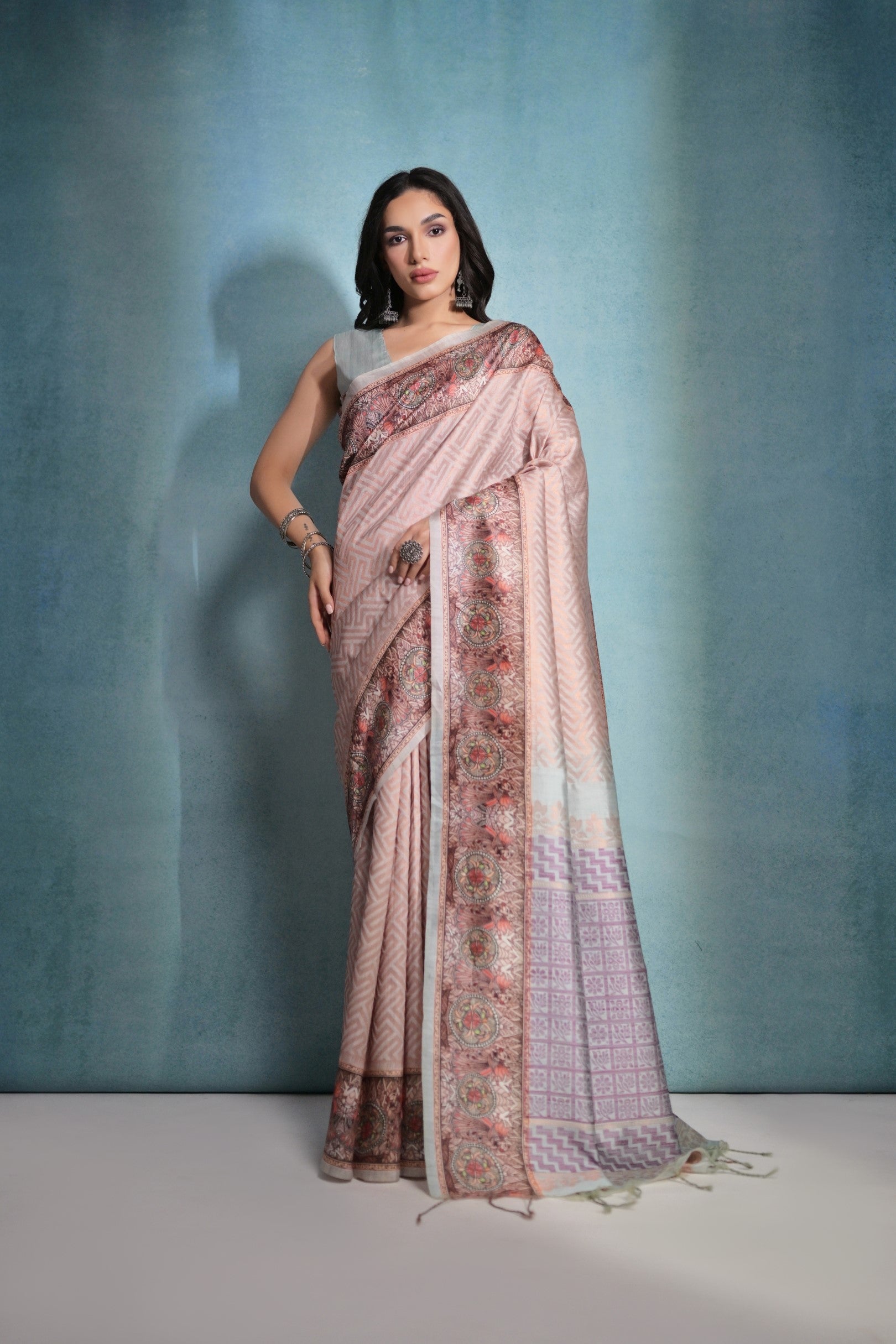 Buy Clam Shell Pink Shade Cotton Kalamkari Silk Saree Online - MySilkLove