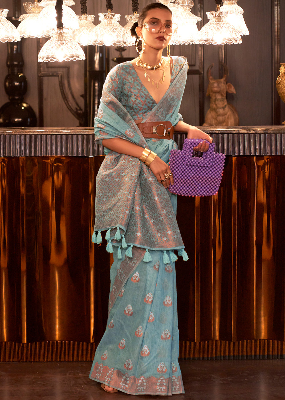 Buy Shadow Blue Bronze Zaro Woven Linen Silk Saree Online - MySilkLove