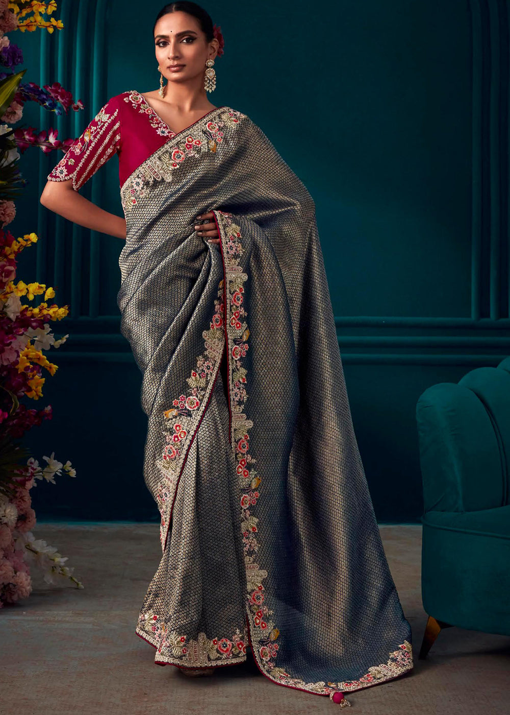 Buy Corduroy Grey Woven Embroidered Banarasi Silk Saree Online - MySilkLove