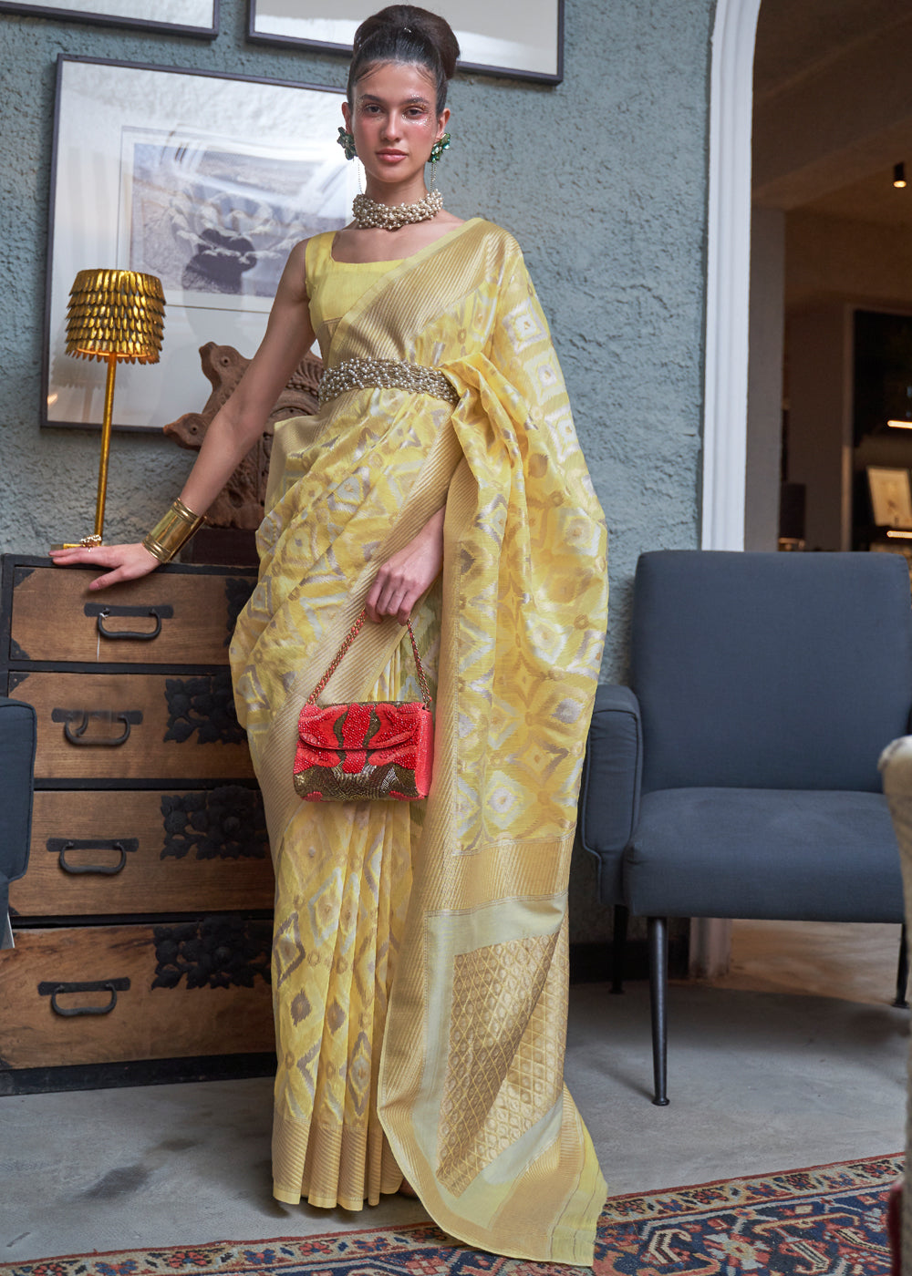 Buy Laser Yellow Woven Banarasi Linen Silk Saree Online - MySilkLove