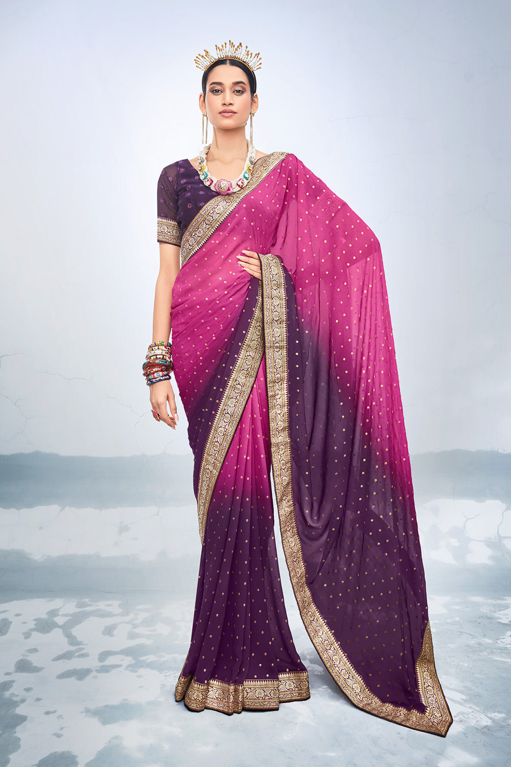 Buy Mystic Pink and Purple Printed Georgette Saree Online - MySilkLove