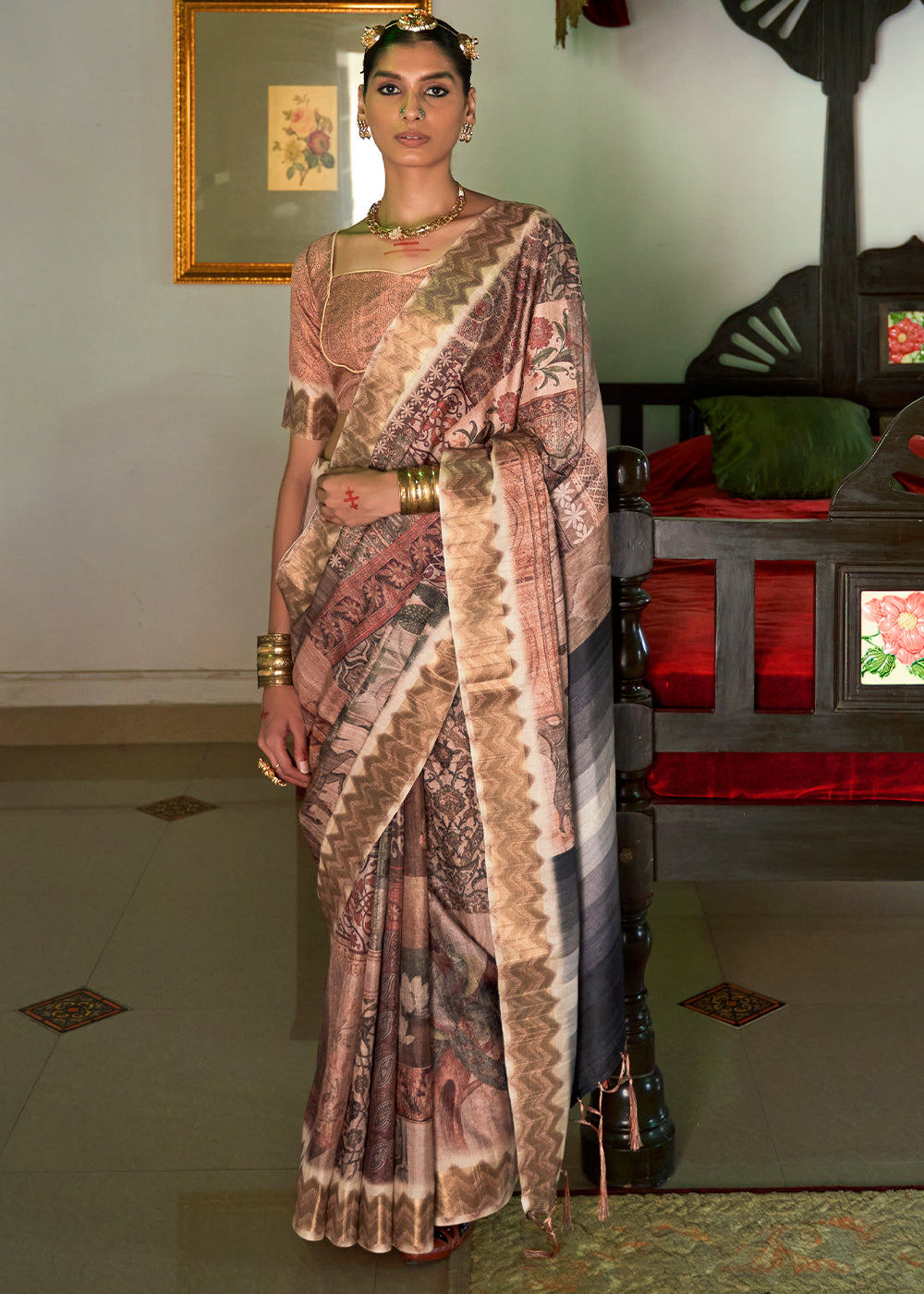 Buy Copper Rust Multicolored Digital Printed Silk Saree Online - MySilkLove