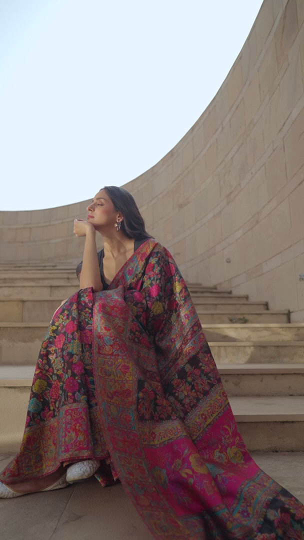 Tuna Black Woven Kashmiri Jamewar Silk Saree – MySilkLove