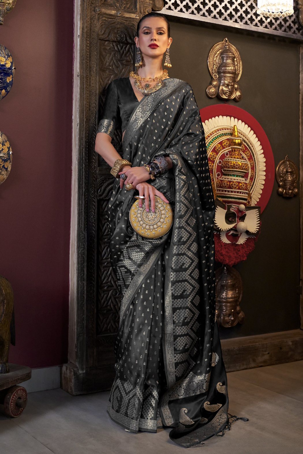 Buy Mine Shaft Black Banarasi Handloom Satin Silk saree Online - MySilkLove