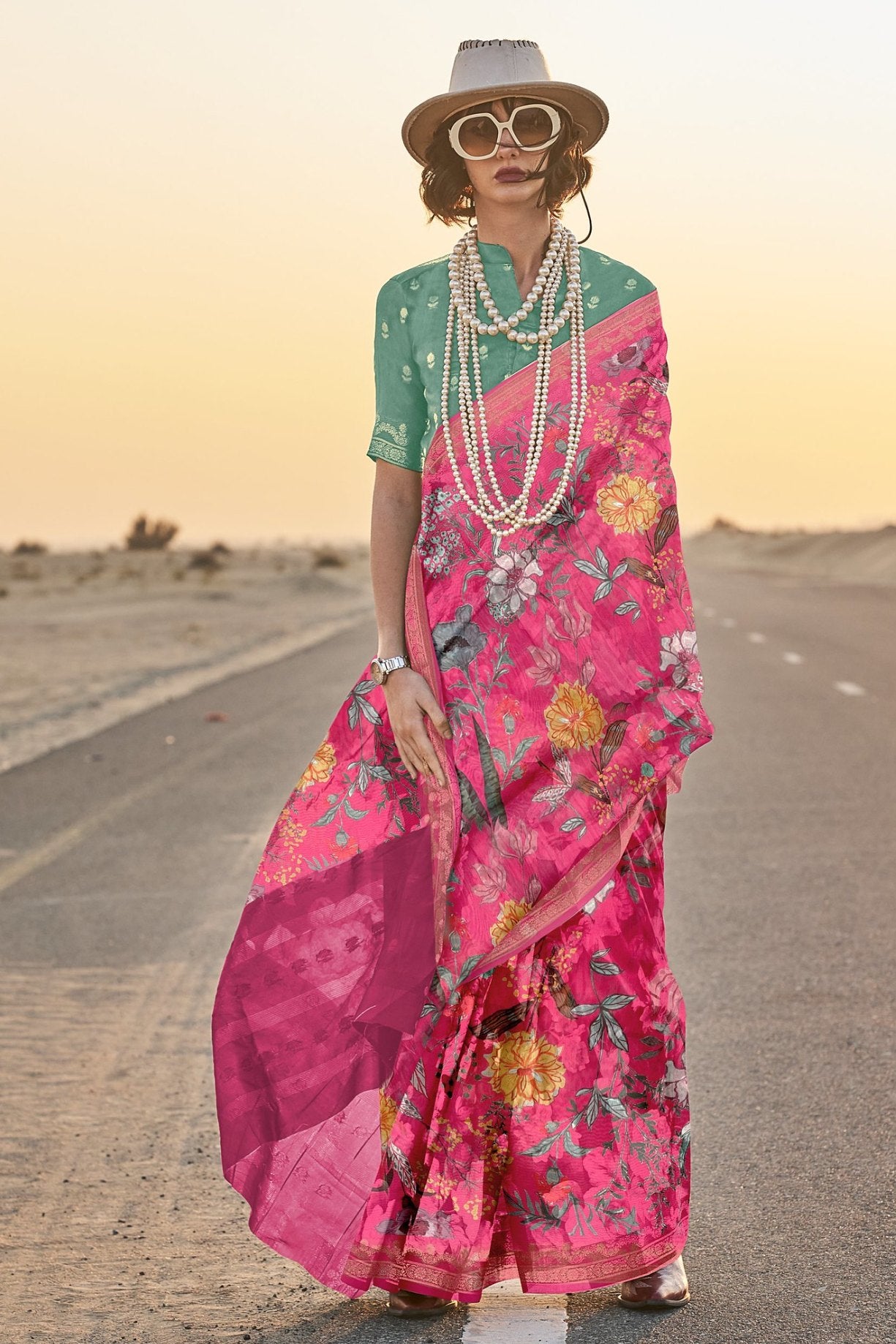 Buy Jazzberry Jam Pink Printed Tussar Silk Saree Online - MySilkLove