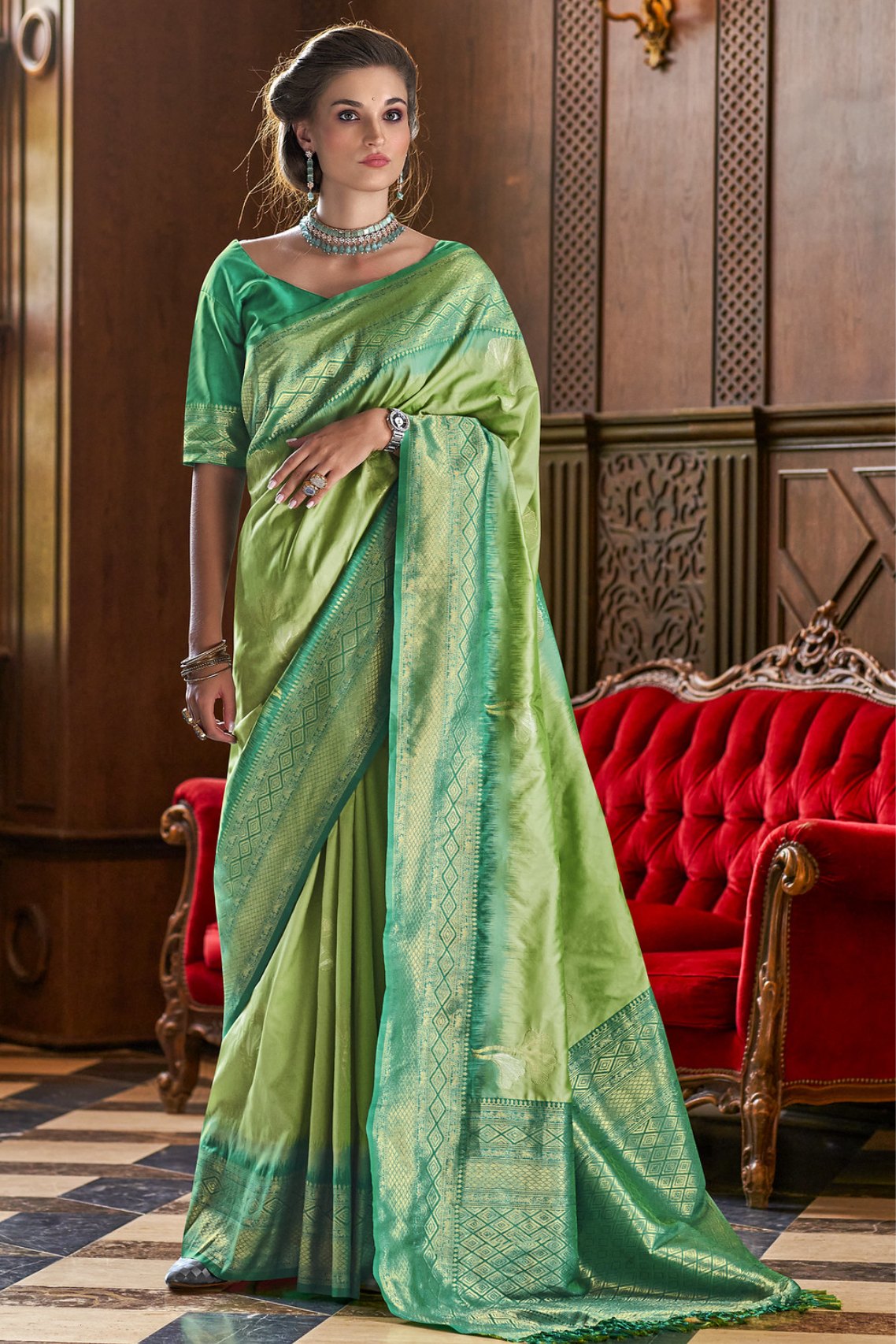 Buy Bay Leaf Green Zari Woven Banarasi Saree Online - MySilkLove