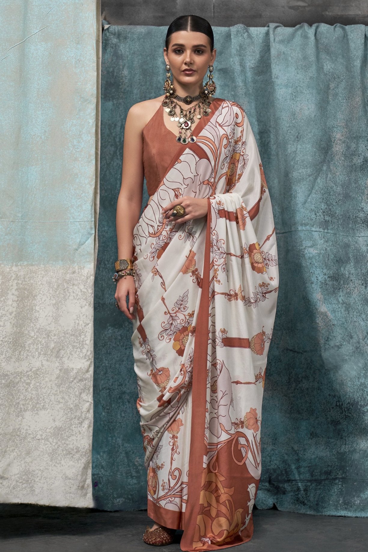 Buy Seashell White and Brown Printed Satin Crepe Sarees Online - MySilkLove