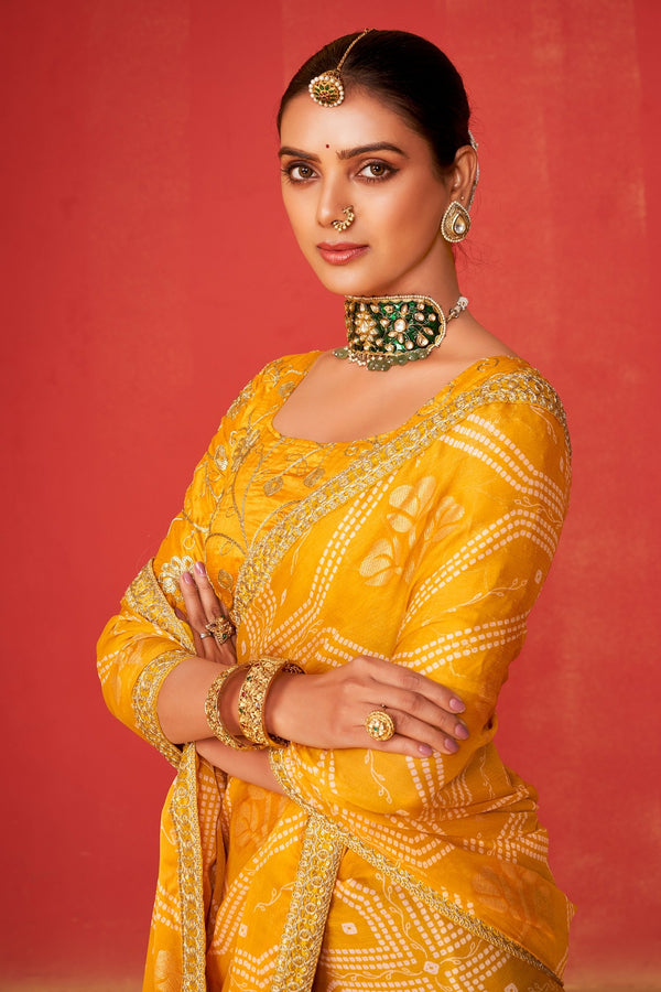 Buy Cyber Yellow Chiffon Bandhani Embroidery Saree Online - MySilkLove