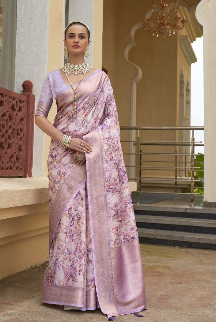 Buy Perfume Pink Banarasi Printed Saree Online - MySilkLove