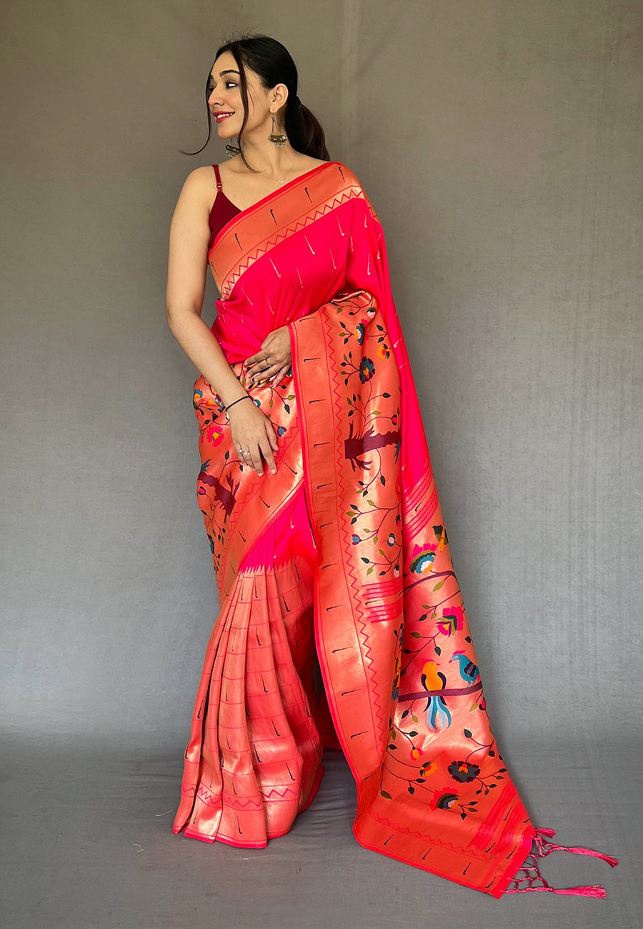 Buy Princess Perfume Pink Woven Paithani Silk Saree Online - MySilkLove
