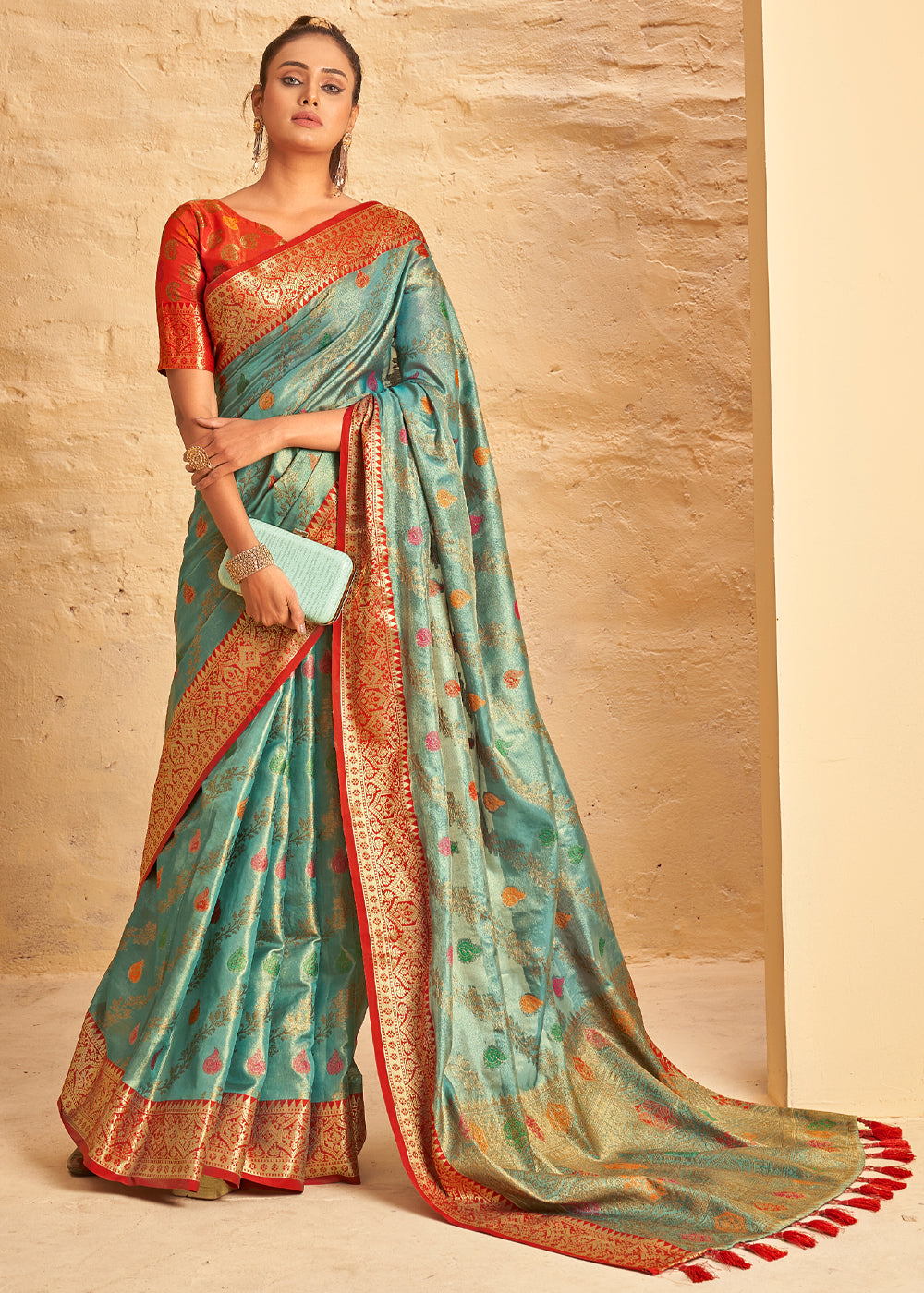 Buy Spring Rain Blue Woven Banarasi Brocade Silk Saree Online - MySilkLove