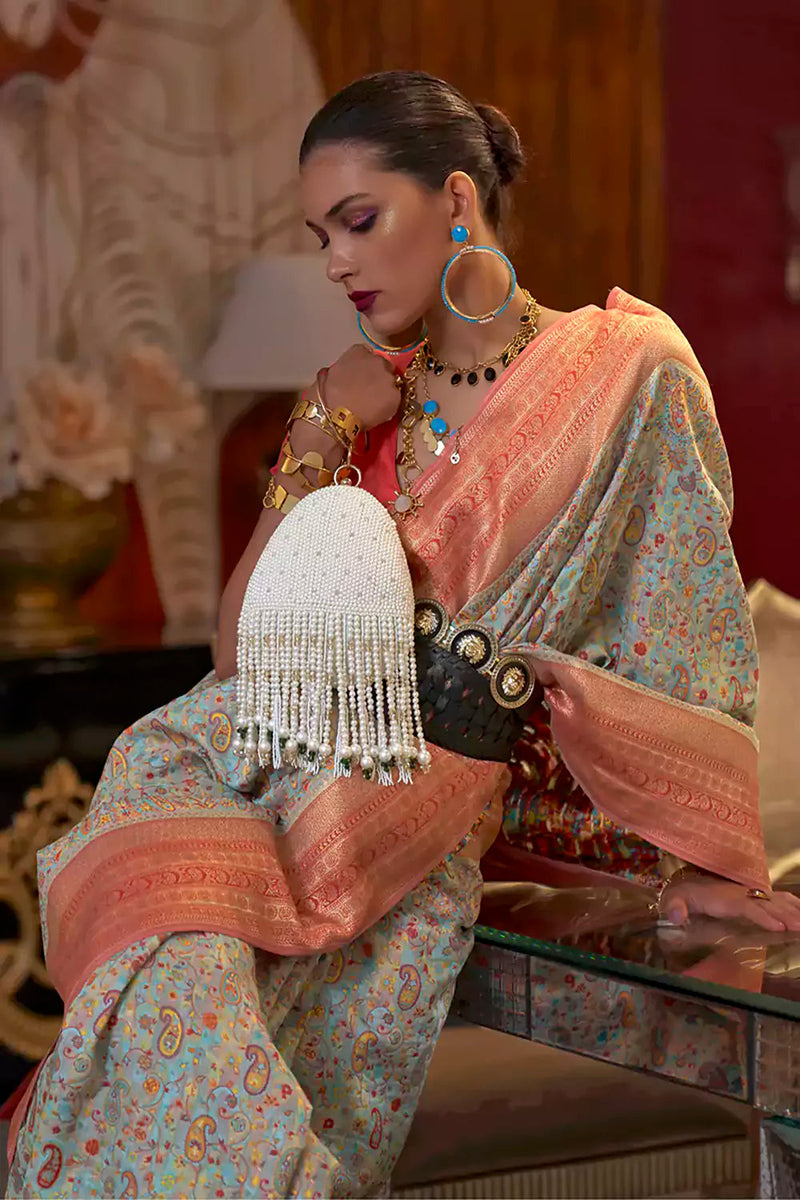 Envy Blue Kashmiri Jamewar Silk Saree – MySilkLove