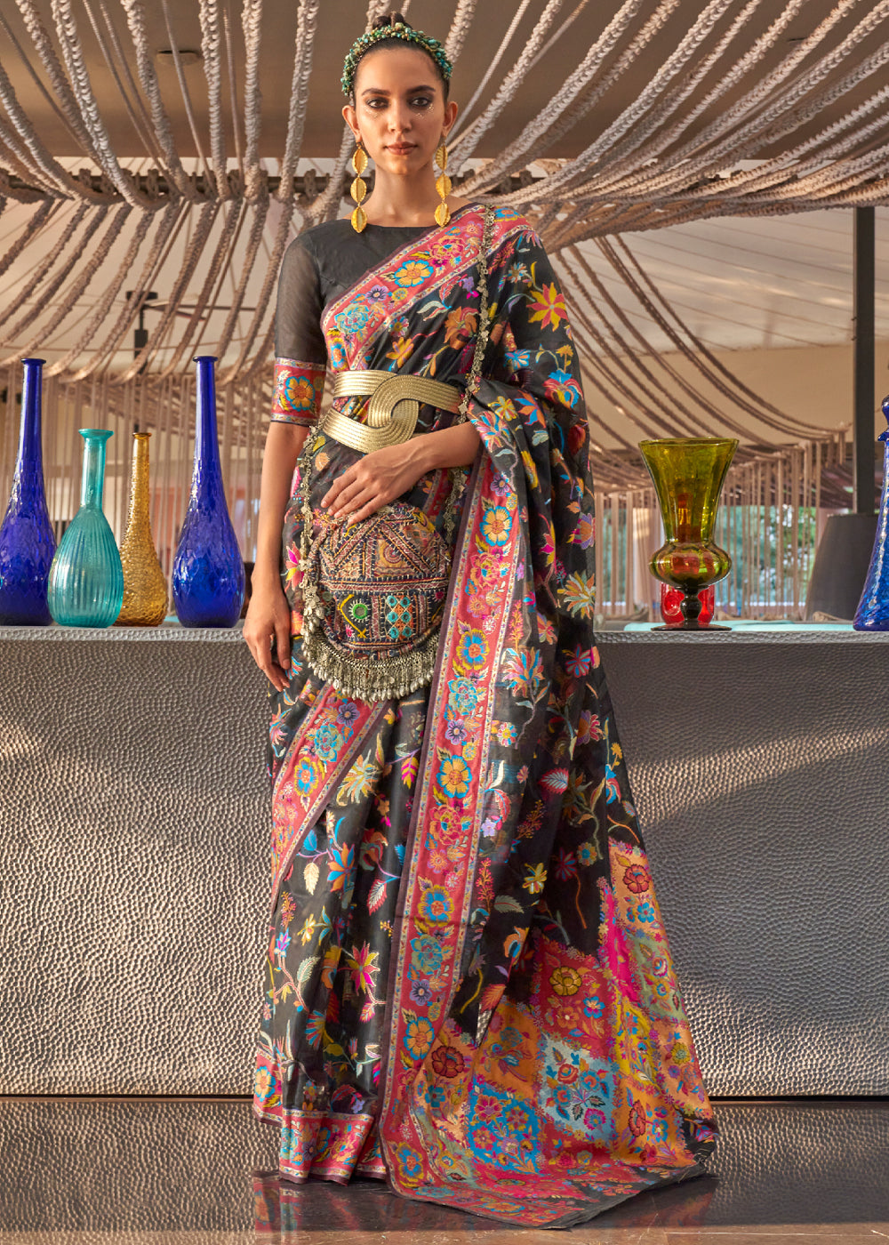 Buy Congo Black Jamewar Kashmiri Cotton Silk Saree Online - MySilkLove