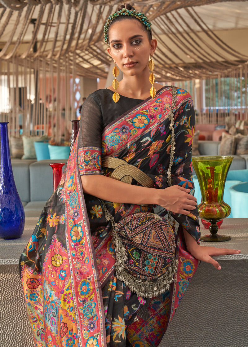 Congo Black Jamewar Kashmiri Cotton Silk Saree – MySilkLove