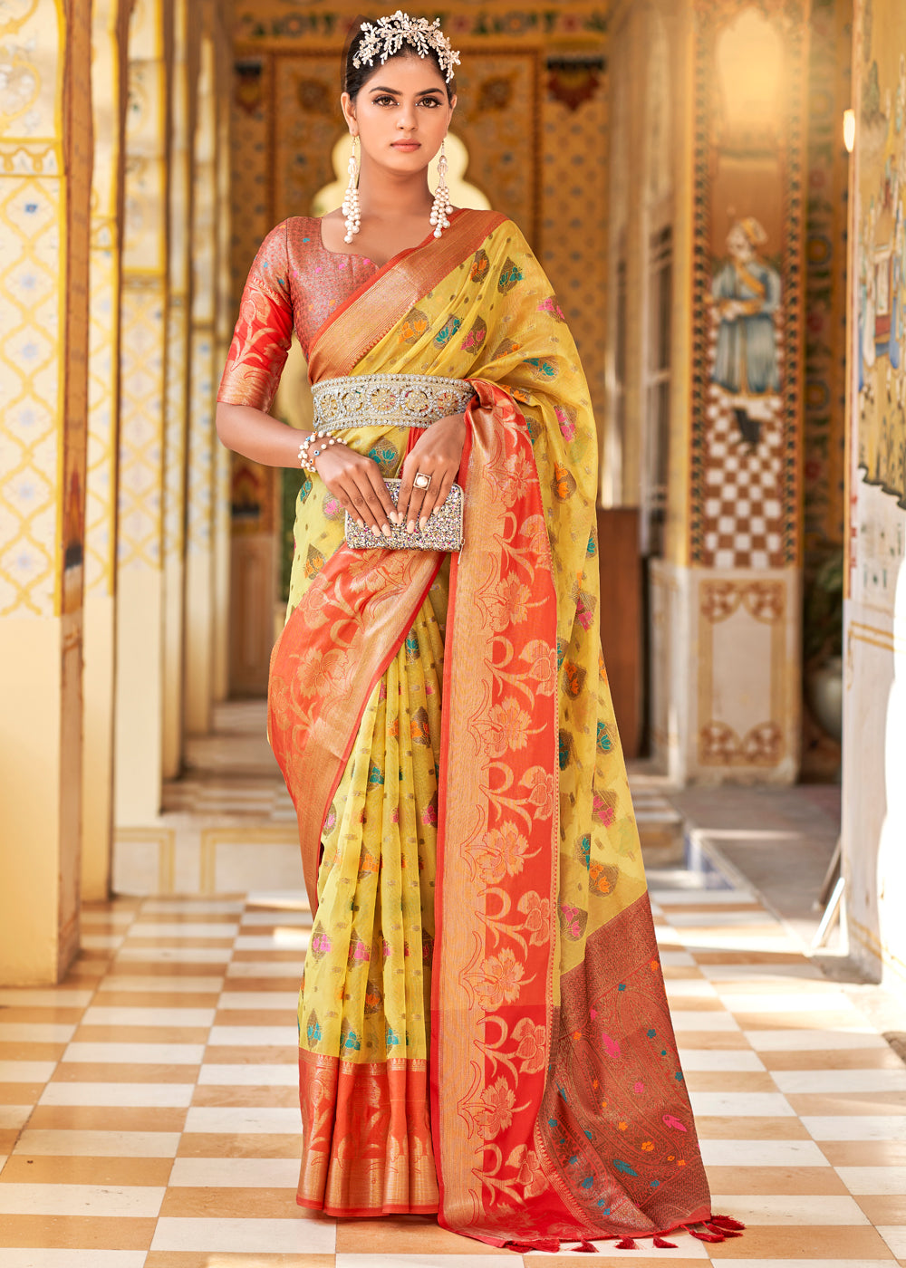 Buy Ronchi Yellow and Red Banarasi Tissue Woven Silk Saree Online ...