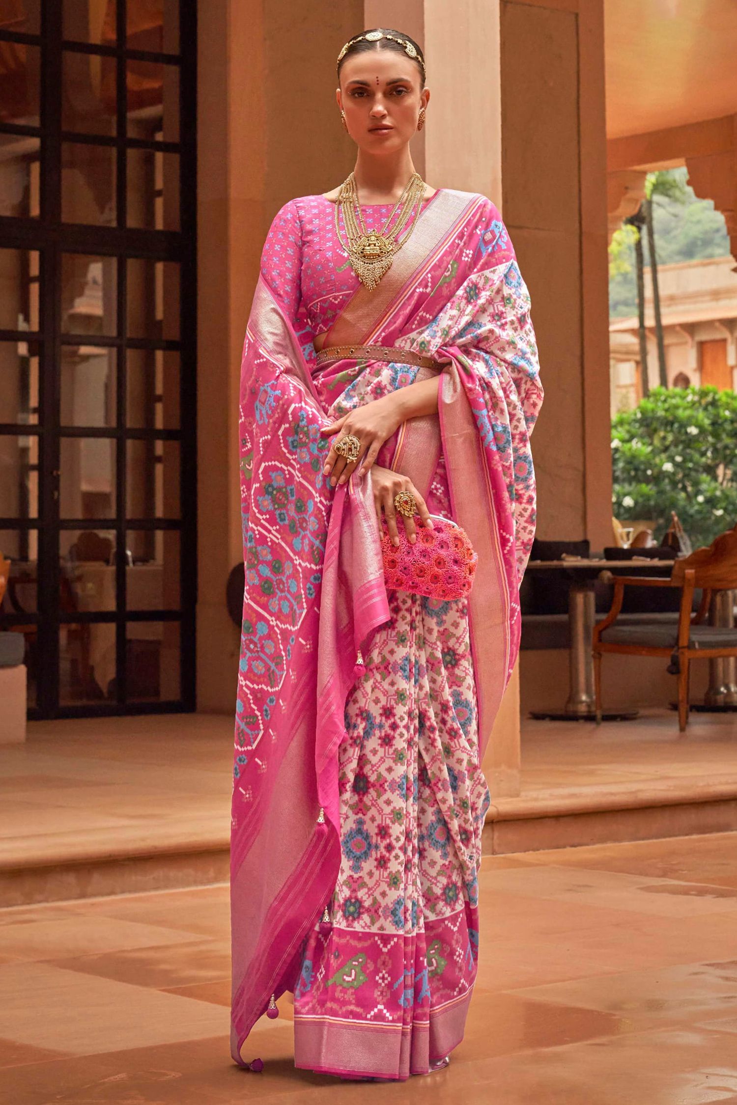 Buy Mauvelous Pink and Blue Patola Printed Silk Saree Online - MySilkLove